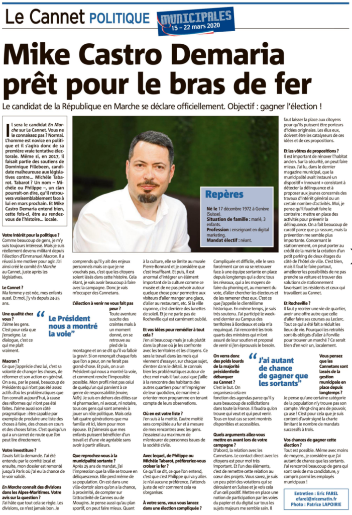 Présentation de Mike Castro Demaria, candidat au Cannet pour les ...